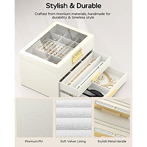 Jewelry Box for Women, 3-Layer Jewelry Organizer with Glass Lid, Flip-Top Leather Jewelry Boxes with 2 Drawers,Earring, Necklace, Ring, Bracelet Organizer Box for Big and Small Jewelry - Cloud White