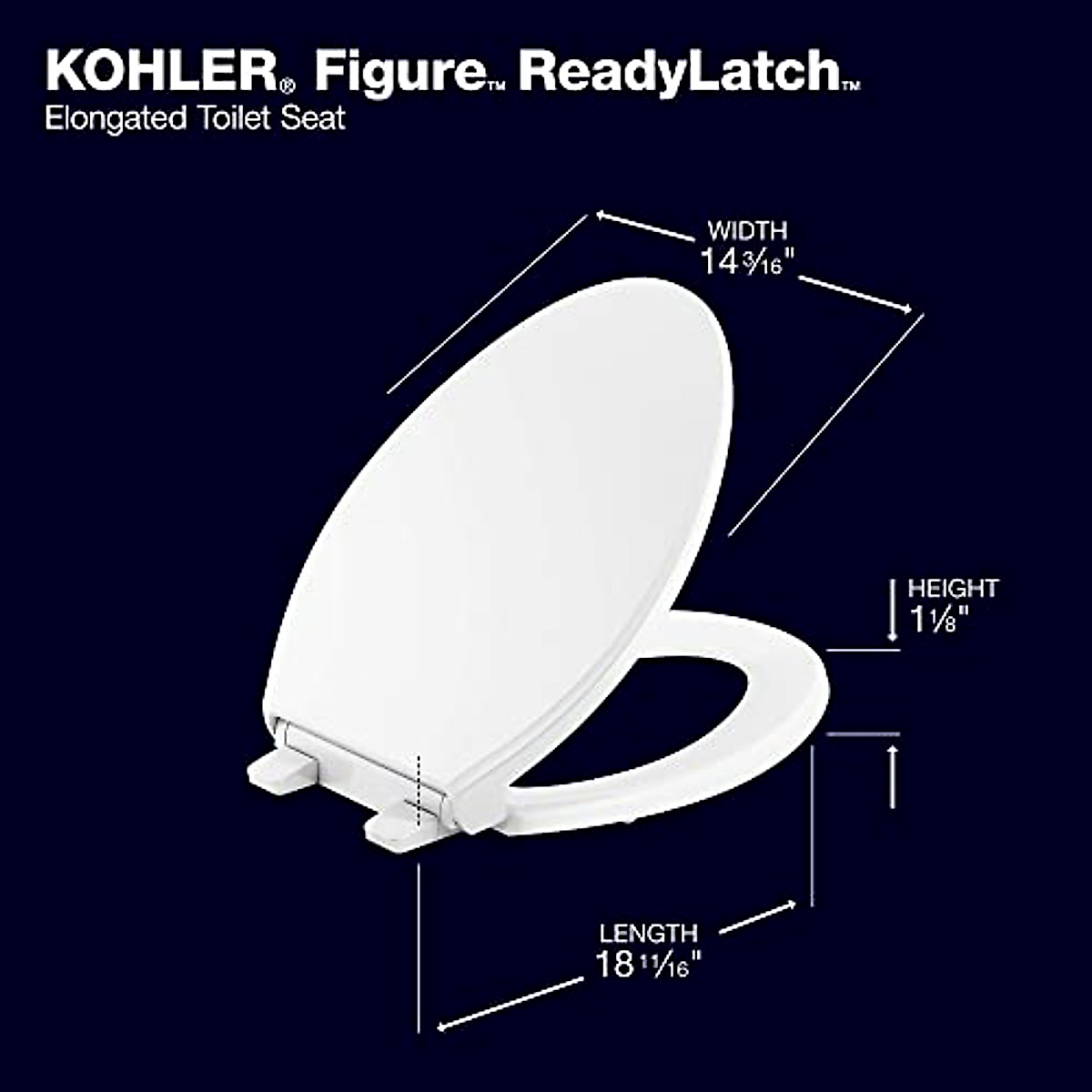 KOHLER 24295-0 Figure ReadyLatch Elongated Toilet Seat, Quiet-Close Lid and Seat, Countoured Seat, Grip-Tight Bumpers and Installation Hardware, White