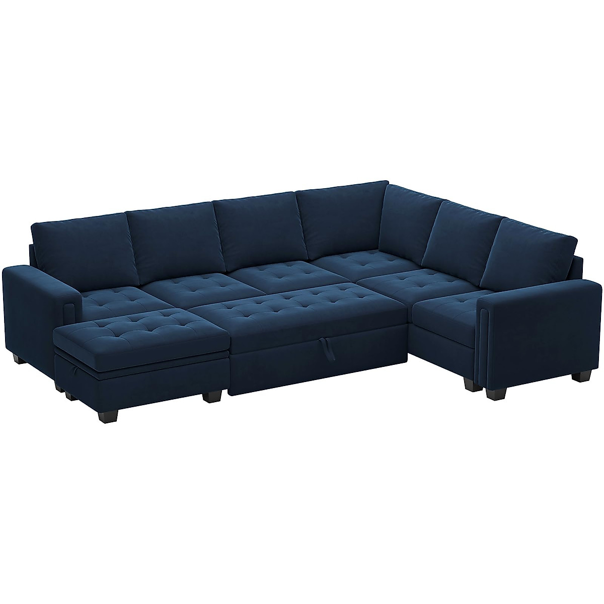 Belffin Modular Sectional Sleeper Sofa with Pull Out Bed U Shaped Sectional Sofa Couch with Storage Ottoman Velvet Covertible 7-Seater Sofa for Living Room Blue