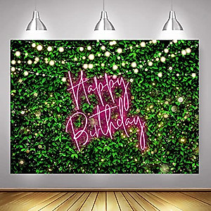 Mocsicka Green Leaves Happy Birthday Backdrop Greenery Pink Neon Birthday Backdrops 30th 40th 50th Adult Birthday Party Decorations Photo Background (Pink, 7x5ft (82x60 inch))