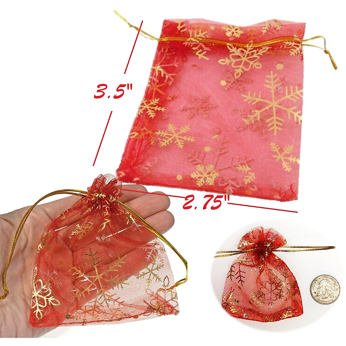 TEXASDELUXE Red Gold Snowflake Small Organza Bags with Drawstring 2x3 40 pack Tiny Small Drawstring Bags 2x3 for Party Wedding Goodies Candies & Jewelry Small Mesh Bags Drawstring 2x3