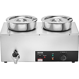 VEVOR Electric Soup Warmer, Dual 7.4QT Stainless Steel Round Pot 86~185°F Adjustable Temp, 1200W Commercial Bain Marie with Anti-Dry Burn and Reset Button, Soup Station for Restaurant, Buffet, Silver