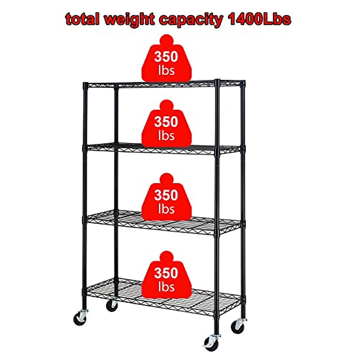 SINGAYE 4 Tier Adjustable Shelf,Heavy Duty Shelving Unit 1400Lbs Capacity with Wheels 350lbs Per Shelf Garage Shelf 36" Wx14 Dx57 H,Black