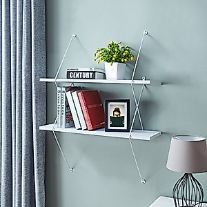 Danya B. 2-Tier Floating Wall Mount Shelf with White Wire Brackets – Display Books, Décor, Picture Frames or Collectibles – Decorative Modern Home Décor