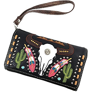 Justin West Native Longhorn Cow Skull Cactus Feather Color Conceal Carry Shoulder Handbag Purse | Trifold Wallet (Black Purse Wallet Set)