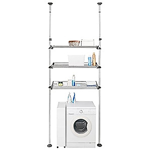 BAOYOUNI 3 Tiers Laundry Room Shelf Clothes Garment Rack Organizer Over Toilet Washer Dryer Storage Shelving Stand Double Tension Pole Extendable Bathroom Space Saver, Large Shelves - Grey