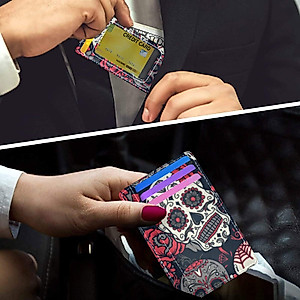 Linomo Thin leather Card Holder and Money Clip Floral Flower Sugar Skull Wallet RFID Blocking for Men & Women