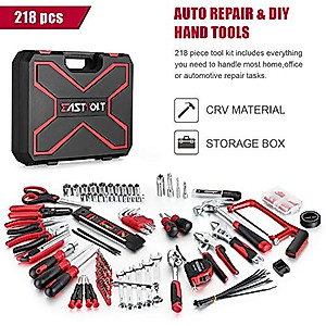 Eastvolt 218-Piece Household Tool Kit, Auto Repair Tool Set, Tool Kits for Homeowner, Plier, Screwdriver Set, Socket Kit and Toolbox Storage Case,Black + Red