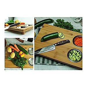 VersaChop Duo, Large 18 inch X 12 inch Cutting Boards for Kitchen. Totally Natural Organic Moso Bamboo Cutting Board with Two Integrated Stainless Steel Bowls attached for organization and storage.