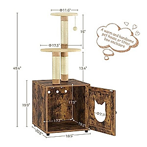 FavePaw Cat Litter Box Enclosure, Cat Tree with Litter Box Enclosure, Cat Litter Box Furniture with Cat Tree Tower and Condo, Indoor Cat House with Sisal Scratching Post and Soft Plush Perch, Brown