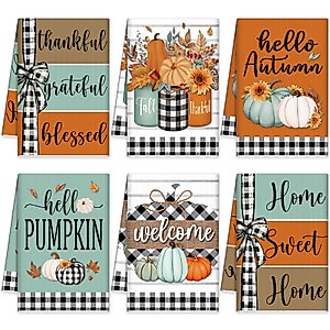 Windkream 6 Pieces Fall Thanksgiving Kitchen Towels Blue Orange Pumpkin Dish Towels Buffalo Plaid Bathroom Hand Towels 21.26 x 14.17 Inch Autumn Tea Towels Fall Decor for Kitchen Bath Farmhouse Gifts