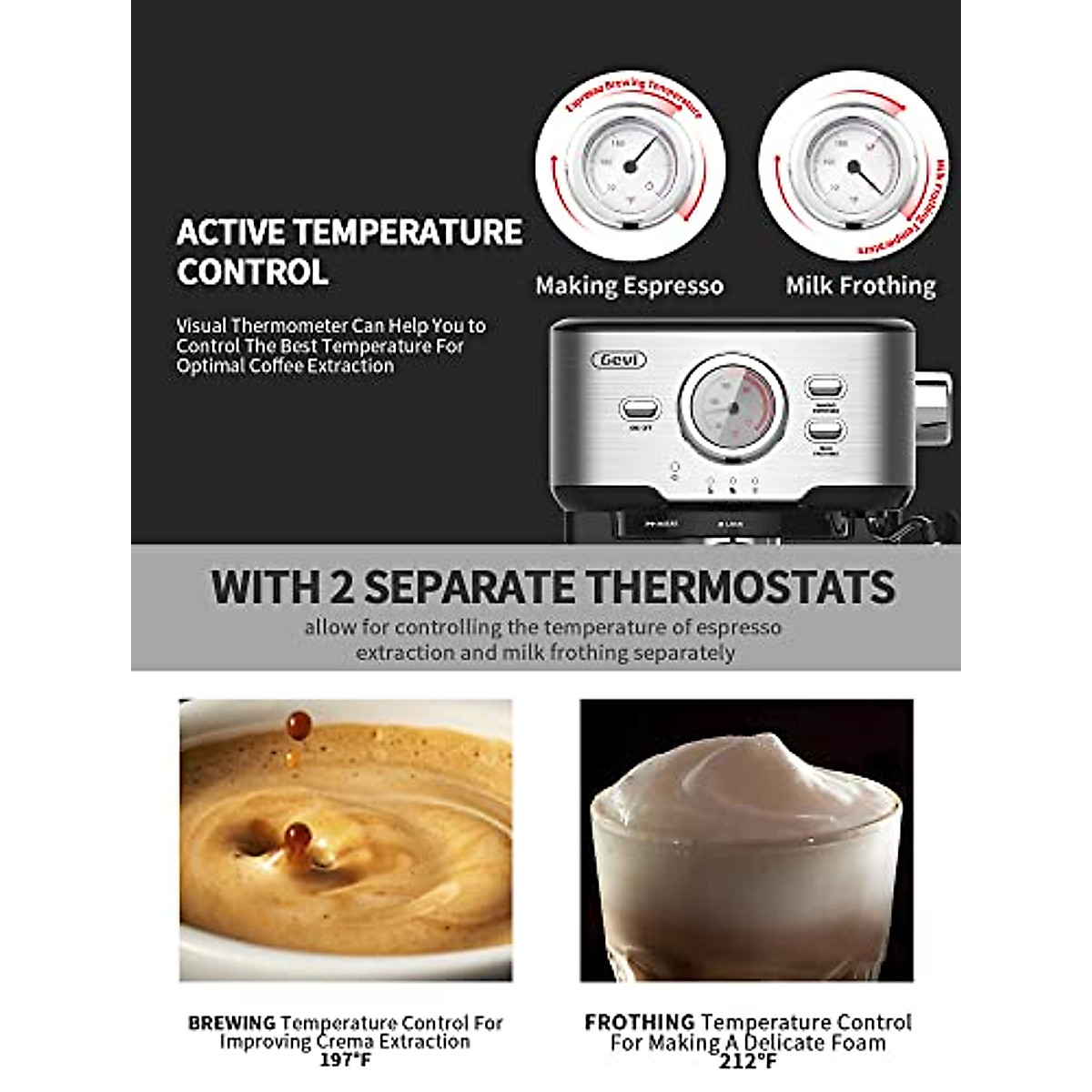 Gevi Espresso Machine 15 Bar Pump Pressure, Cappuccino Coffee Maker with Milk Foaming Steam Wand for Latte, Mocha, Cappuccino, 1.5L Water Tank, 1100W, Black1