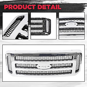 JMTAAT Front Grille Assembly Compatible with Ford 2005-2007 SuperDuty F250 F350 F450 F-250 F-350 F-450 Chrome With Gray Honey Comb Replacement for FO1200456 5C3Z8200BAA (Without Emblem)