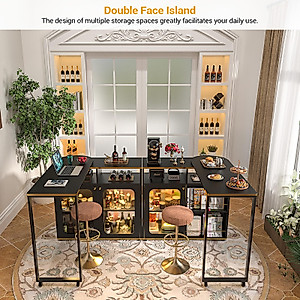 Cyclysio 360° Rotating Bar Cabinet, 59" Home Bar with LED Light & Charging Station, Double-Sided Foldable Liquor Wine Cabinet with Storage for Bar, Liquor, Coffee, Dining, Working, Black