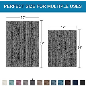 2 Piece Bathroom Set Bathroom Rugs Bath Mat Set Bath Rugs Bath Mats for Bathroom Non Slip Thick Soft Chenille Striped Bath Rug Set, Door Mats for Kitchen/Living Room (Grey, 20" x 32"/17" x 24")