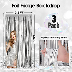 Yishebapa 3 Pack Silver Backdrop Curtains, Foil Fringe Curtains Tinsel Streamers for Birthday Wedding Photo Booth Baby Shower Bachelorette Graduation Christmas Party Decorations