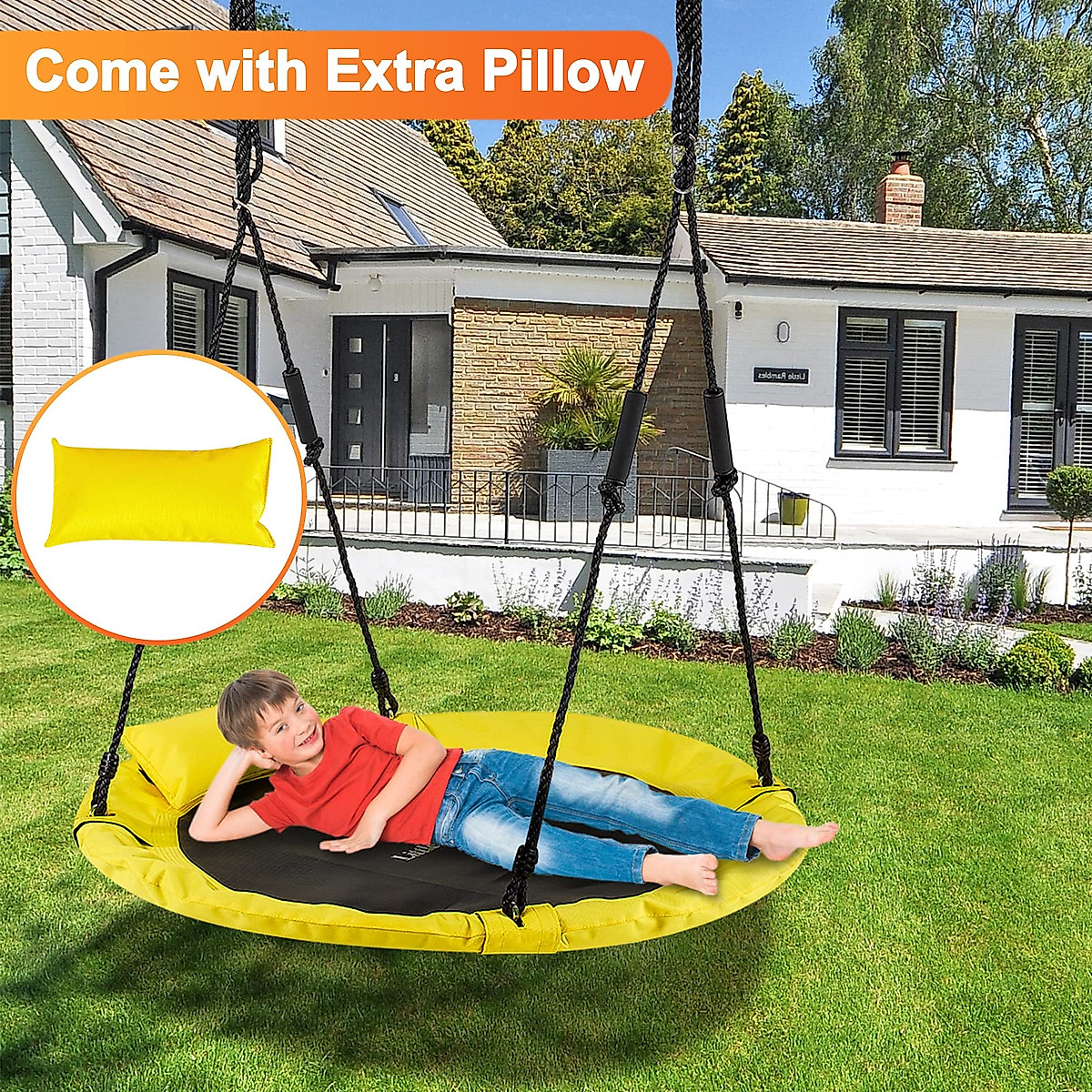 Saucer Tree Swing for Kids, LITTLELOGIQ 40 Inch Outdoor Swing Sets for Backyard, Round Flying Swing with 2 Hanging Straps, 700lb Capacity, Adjustable Ropes, Easy Setup, for Adults & Kids - Yellow