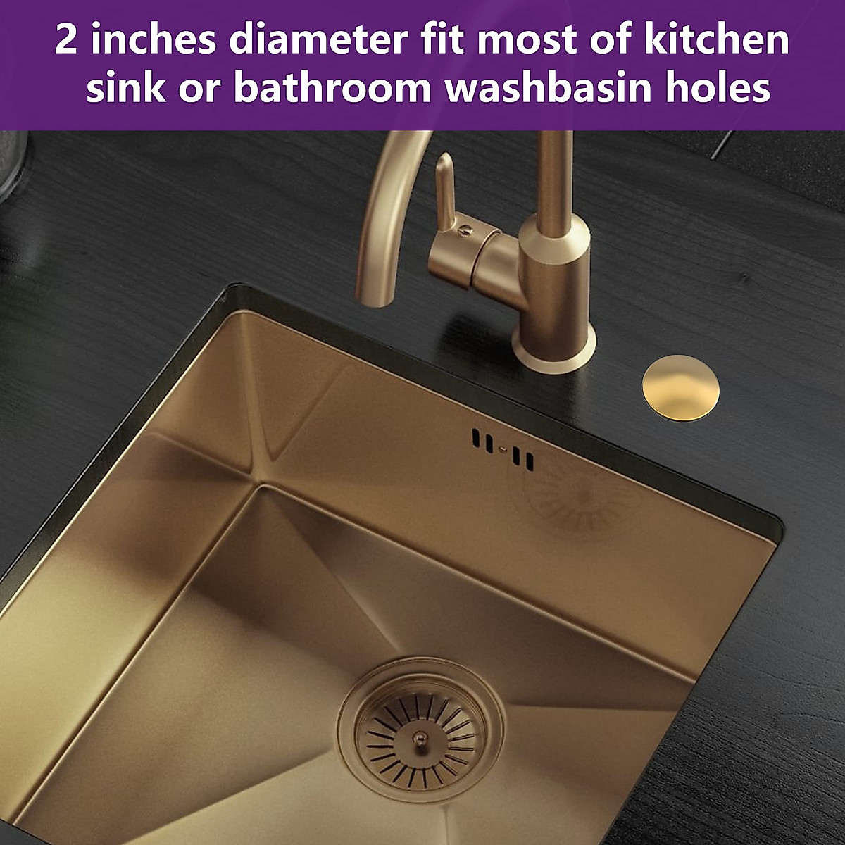 Mxclimate 2" Kitchen Sink Hole Cover,2 Pack Gold Faucet Hole Cover,Stainless Steel Kitchen Sink Basin Hole Tap Plug Stopper Cover for Leakage Prevention
