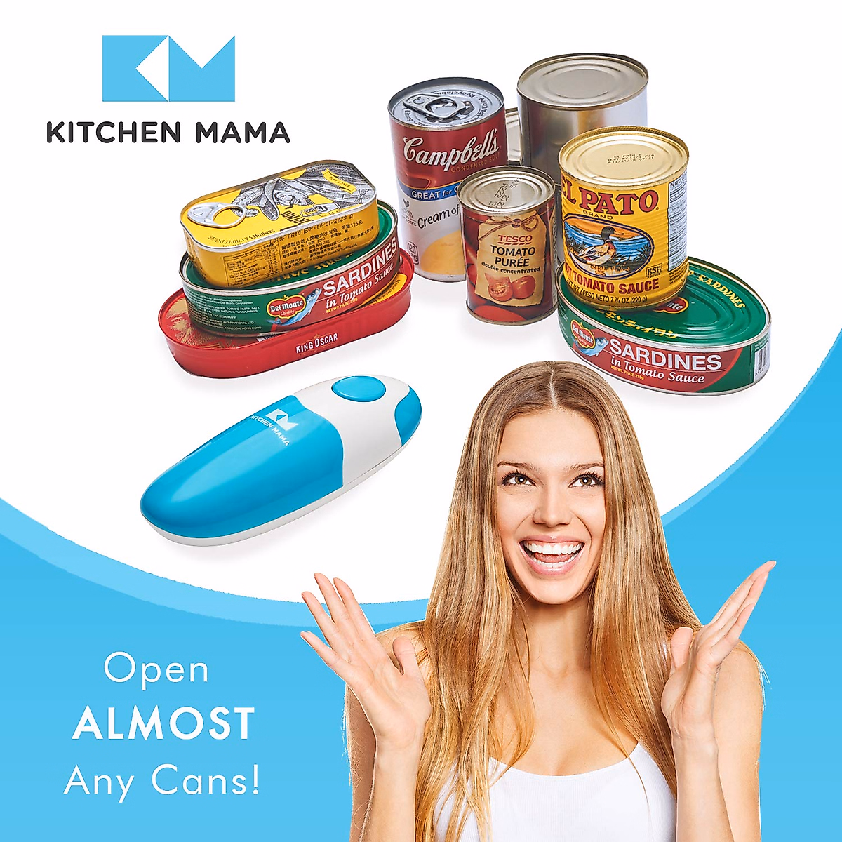 Kitchen Mama Auto Electric Can Opener: Open Your Cans with A Simple Press of Button - Automatic, Hands Free, Smooth Edge, Food-Safe, Battery Operated, YES YOU CAN (Sky Blue)