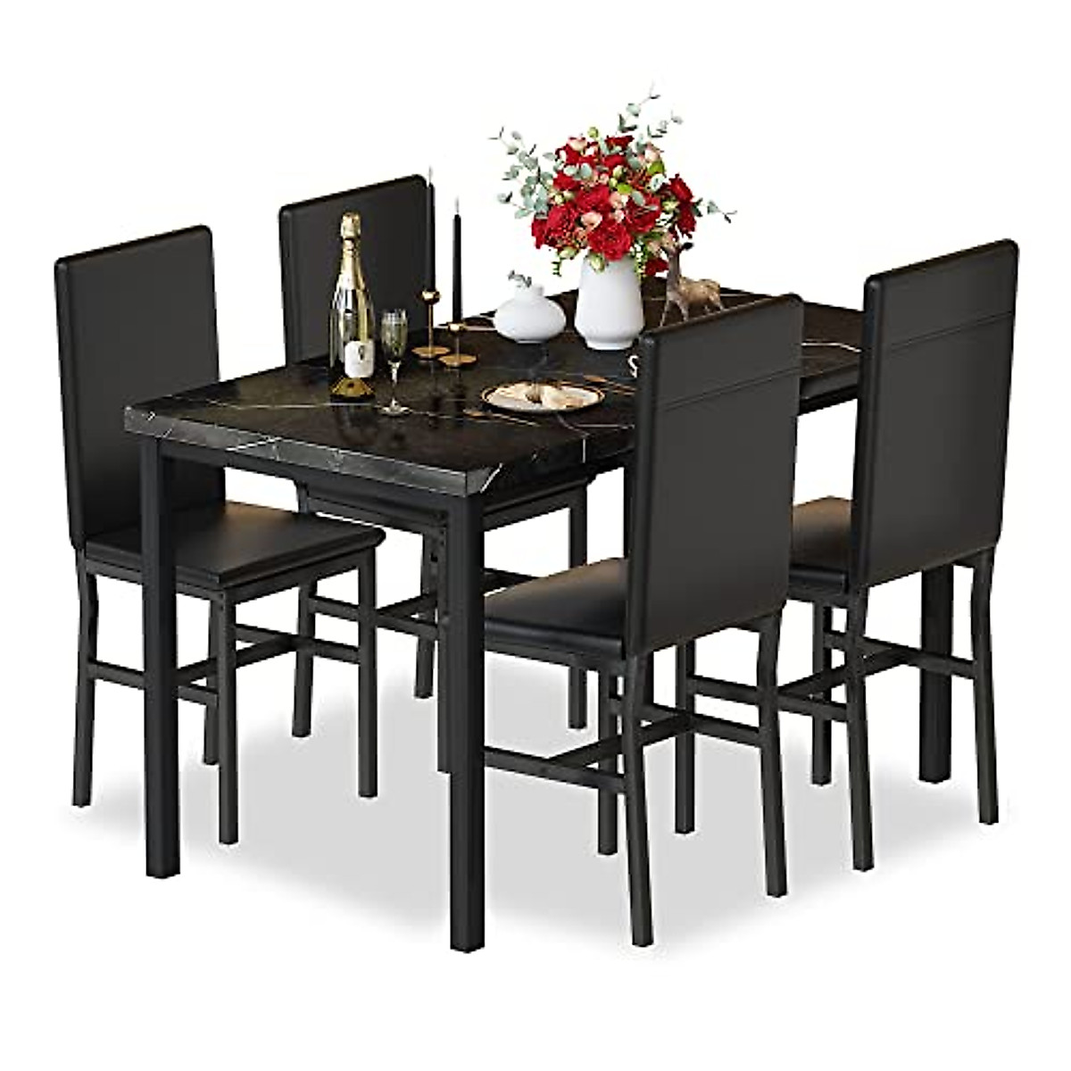 Hooseng Dining Table Set for 4, Space Saving Kitchen Table and Chairs for 4, Modern Style Faux Marble Tabletop & 4 PU Leather Chairs, Perfect for Dining Room,Breakfast Corner Small Spaces,Black