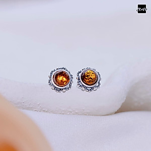 Amberta 925 Sterling Silver with Genuine Baltic Amber - Earrings for Women - Bloom Button Ball - Studs with Honey Stone Color