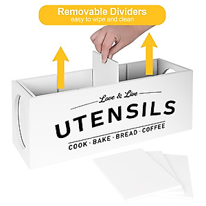 AiMQnLe Extra Large Utensil Holder - 4 Compartments Kitchen Utnesil Organizer, Wooden Cooking Utensil Crock for Kitchen Countertop, Kitchen Counter Decor (White