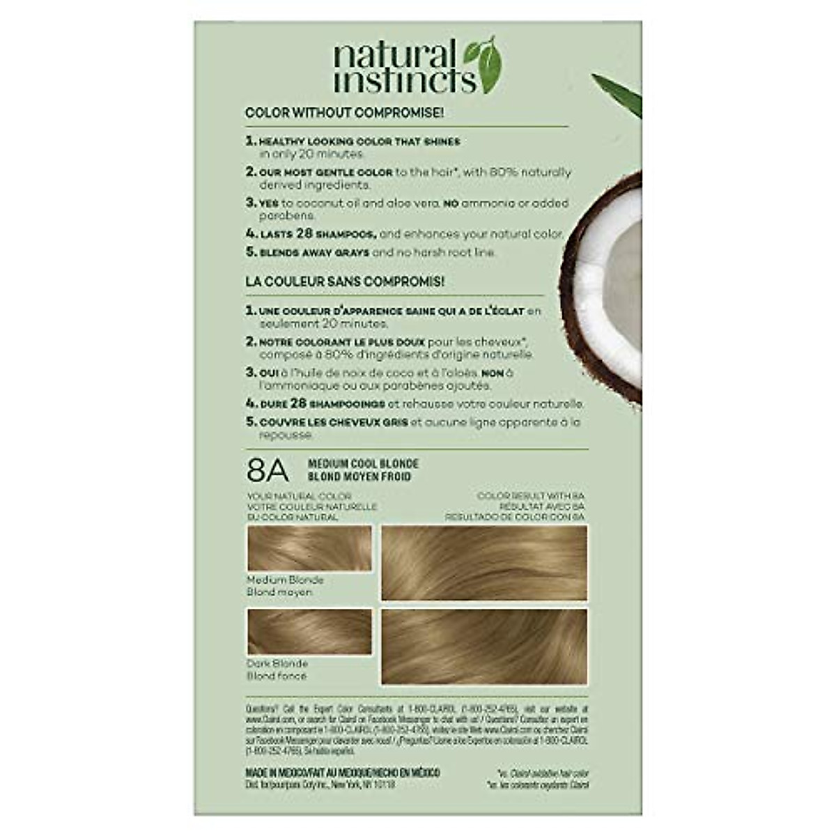 Clairol Natural Instincts Demi-Permanent Hair Dye, 8A Medium Cool Blonde Hair Color, Pack of 3