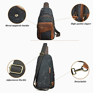 Handadsume Water Resistant Canvas + Leather Hiking Travel One Shoulder DayPack Backpack Sling Crossbody For Men Women FB8013 (Black)