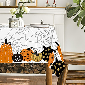 Horaldaily Halloween Tablecloth 60x84 Inch Rectangular, Jack-O-Lantern Pumpkin Cobweb Scary Themed Washable Table Cover for Party Picnic Dinner Decor