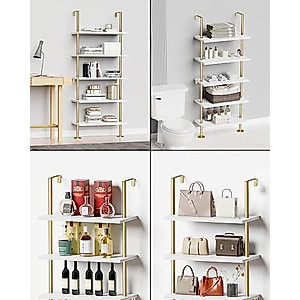 pickpiff Ladder Shelf Bookcase 5 Tier, Extra Sturdy Modern Bookshelf Wall Mounted, Tall Standing Open Shelf White and Gold, Industrial Metal Frame with Wooden Shelf