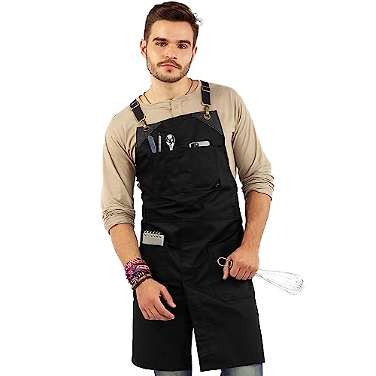 Under NY Sky Cross-Back Deep Black Apron - Durable Twill with Leather Reinforcement and Split-Leg - Adjustable for Men and Women - Pro Chef, Tattoo, Baker, Barista, Bartender, Stylist, Server Aprons