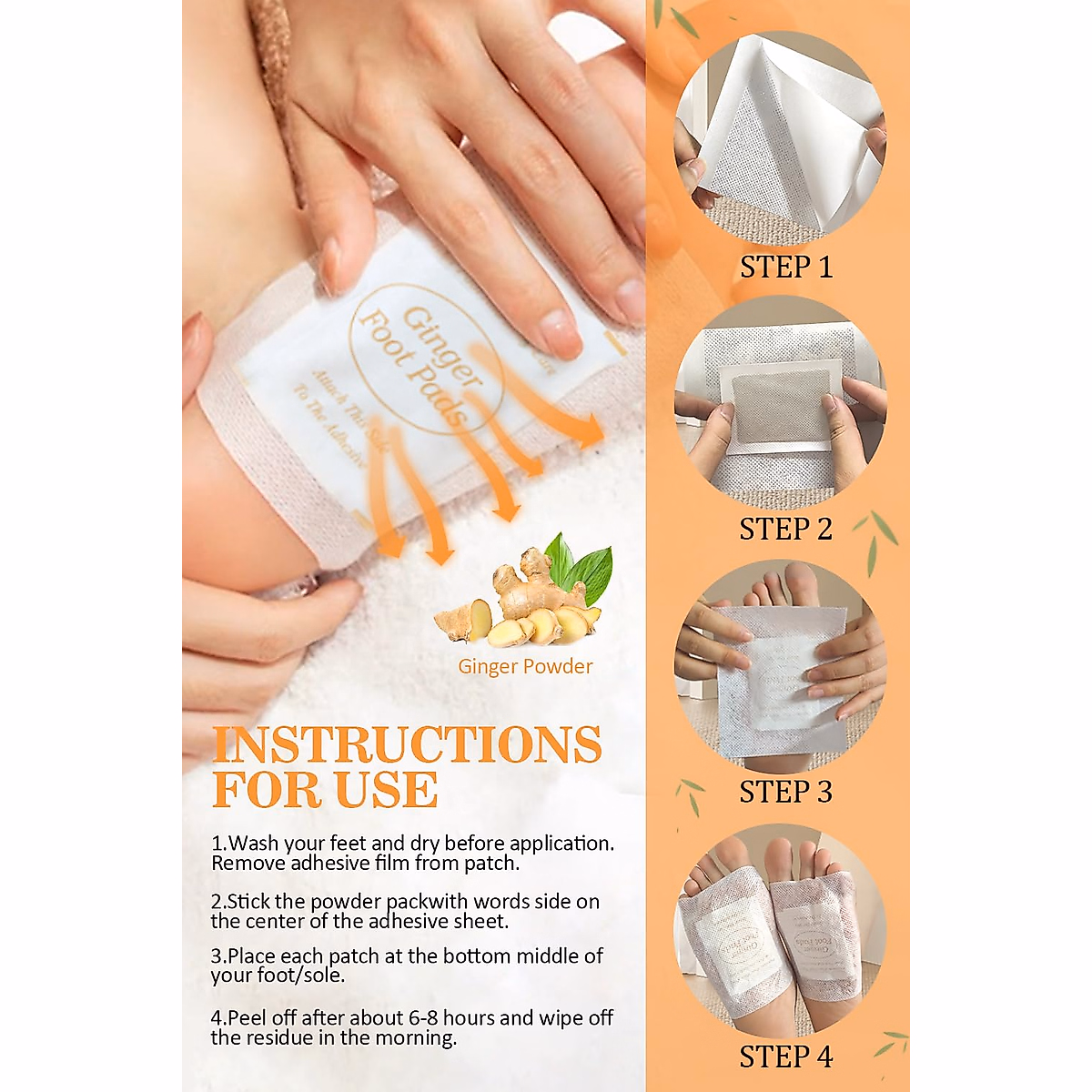 TEWEAE Foot Pads, Ginger Foot Pads, Natural Ginger Powder Bamboo Vinegar Foot Patches 20 Packs.