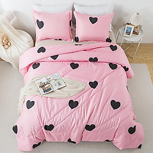 Caressma Blush Pink Love Comforter Set King Size, Cute Heart Pattern Bedding Comforter for Girls Women, 3 Pieces Soft Microfiber Fluffy Lovely Comforter Set for All Seasons Room Decor