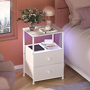 Tohomeor Sofa End Tables with Charging Station LED Light Nightstand Bedroom Bed Side Dresser with Fabric Drawers Open Storage Shelf Living Room with USB Ports and Outlet (White, 1 Pack)
