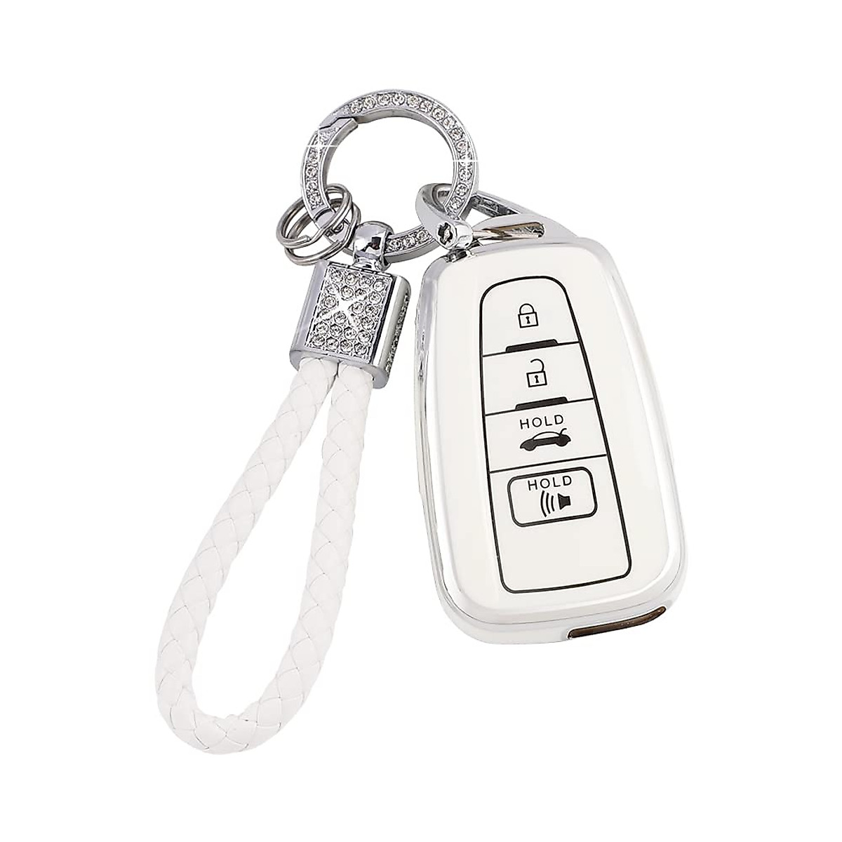 PIFOOG Key Fob Cover for Toyota Camry RAV4 Corolla C-HR Avalon Highlander Prius Smart Keys Case Shell Protector Bling Keychain Accessories 4 Button TPU Girly Women White Silver