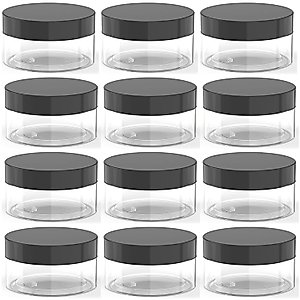2oz Plastic Cosmetic Jars Leak Proof Clear Container with Black Lid for Cream, Lotion, Powder, ointment, Beauty Products etc, 12 Pcs.