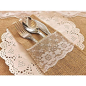 Lucky Monet 50PCS 4 x 8Inch Natural Burlap Lace Silverware Bag Utensil Holder Cutlery Pouch Hessian Knife Fork Tableware Bags for Wedding Party Restaurant Decoration (50PCS)
