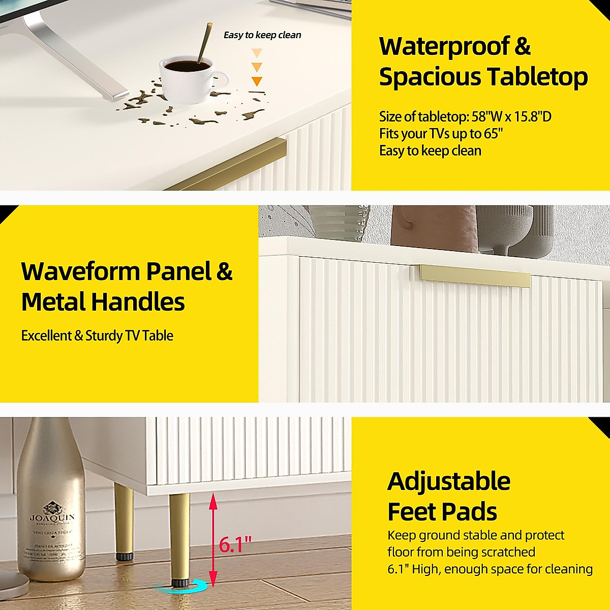 Furniwood TV Stand for 65+ Inch TV, Mid Century Modern TV Stand for Bedroom, TV Entertainment Center with Storage Cabinets, TV Consoles for Living Room, White