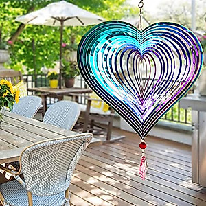 Dinoneyi Wind Spinner Outdoor Metal 3D Wind Spinner Hanging Yard Garden Decor Gifts Stainless Steel Heart Pattern Spinners with 360° Rotating Hook