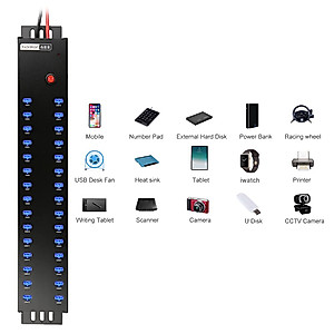 Sipolar Industrial USB 2.0 Hub 30 Ports with 300W Power Supply Wall Mountable Support Refurbishing and Brush, Batch Data Transfer