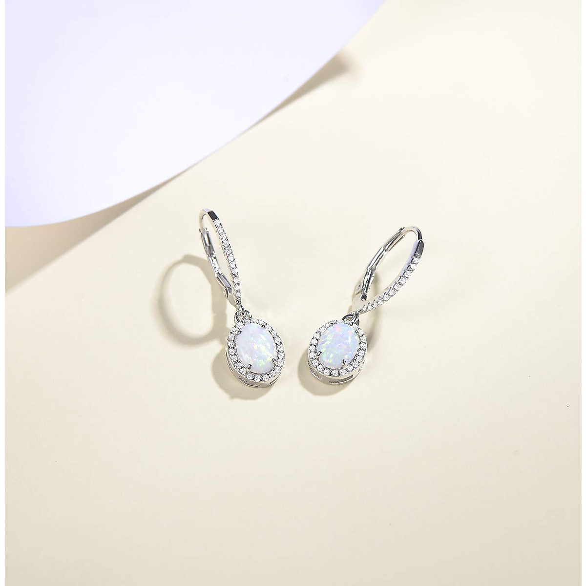 FANCIME Lever Back Earrings Sterling Silver Created White Fire Opal Halo Cubic Zirconia French Back Earrings Opal Jewelry for Women