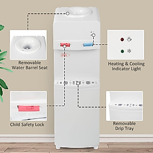 Top Loading Water Cooler Dispenser for 3 & 5 Gallon Water Bottles, Hot & Cold Water, Child Safety Lock, Stainless Steel, ETL Approved, White