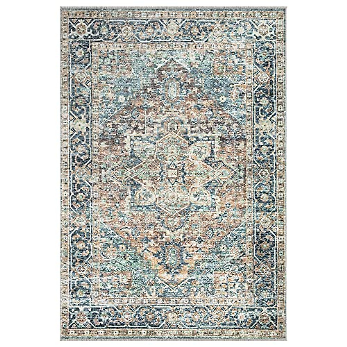 Bloom Rugs Caria Washable Non-Slip 5x7 Rug - Blue Green/Tangerine Area Rug for Living Room, Bedroom, Dining Room and Kitchen - Exact Size: 5' x 7'
