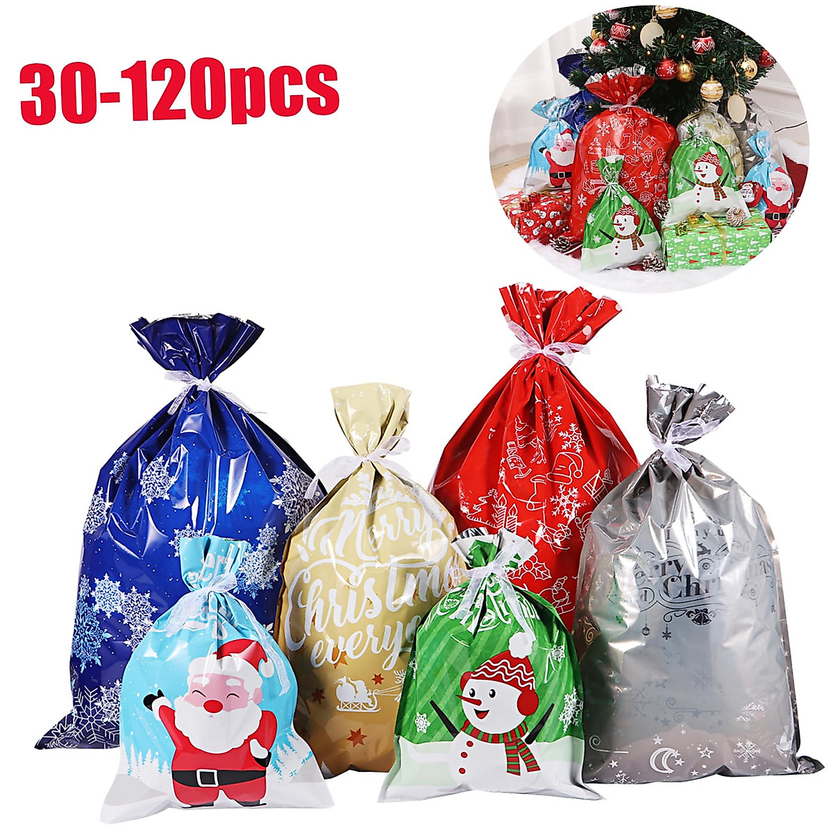 Christmas Bags Large Size Christmas Wrapping Assorted Styles Christmas Goody Bags with Ribbon Ties for Christmas Party Xmas Holiday 30PCS