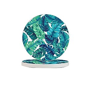 Tropical Palm Leaves Coasters for Drinks, Absorbent Coasters Set of 2, Coffee Cup Tabletop Protection Coaster, Housewarming Bar Kitchen Home Decor 4 Inch