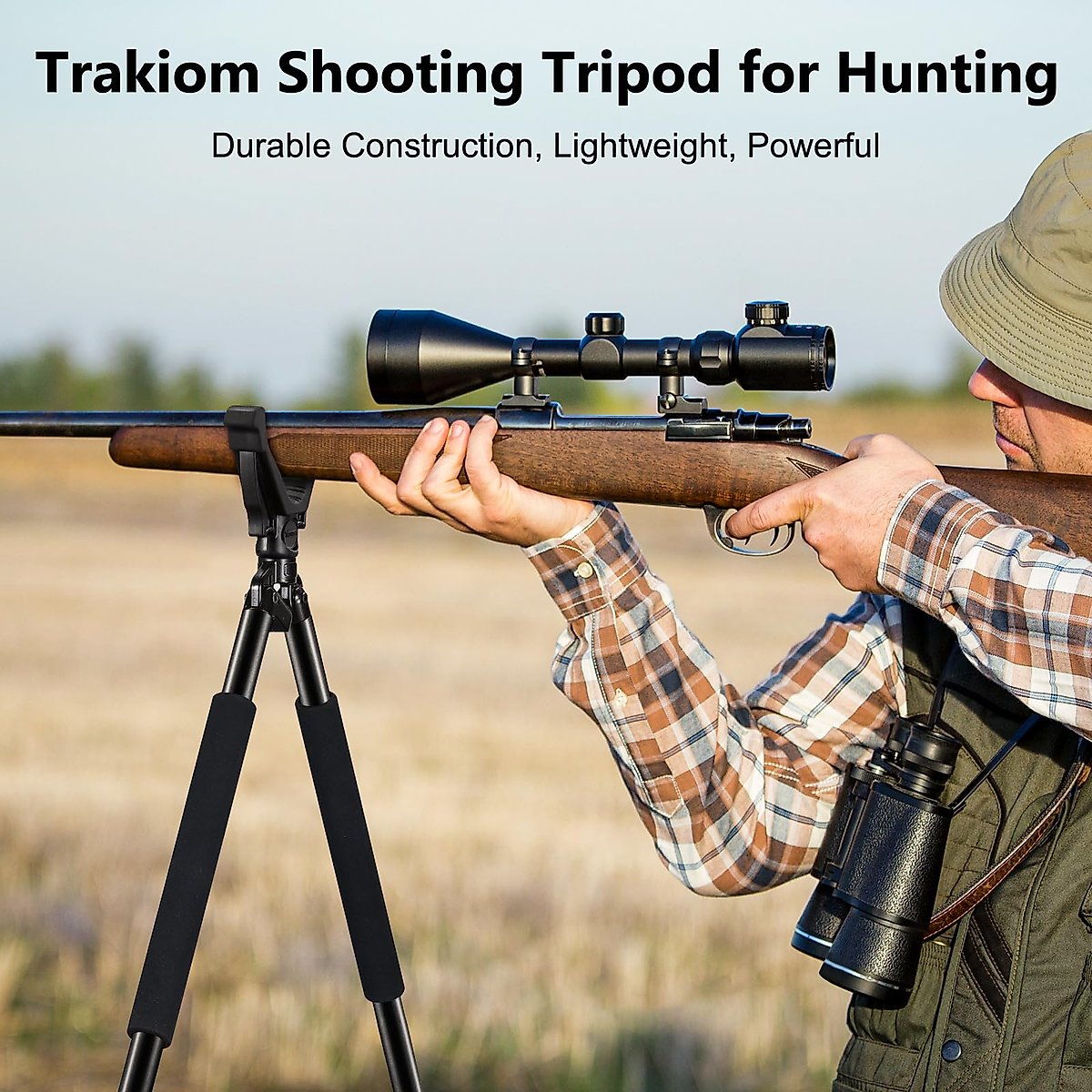 Trakiom Bipod Shooting Sticks for Hunting， Shooting Bipod for Hunting, Adjustable Bipod Shooting Rest, Rifle Bipod with 360° Rubber V Yoke Rest, Twist Lock, Lightweight Aluminum Frame and Spike Feet
