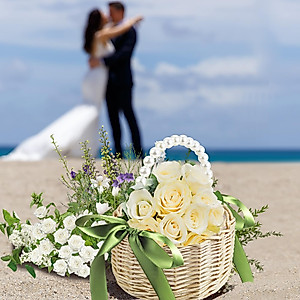 2 PCS Wicker Rattan Flower Girl Basket with 1000 PCS Artificial Silk Rose Petals Wedding Flower Girl Basket with Pearl Handle and Bow Fairy Flower Basket for Weddings Bridal Anniversary Party Decor