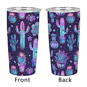KIOWEIR Neon Cactus And Flowers Stainless Steel Tumbler 20oz With Lid And Straw, Insulated Tumblers Coffee Cup, Travel Mug for Ice Drink & Hot Beverage for Women Men Boys Girls