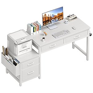 Lufeiya White Computer Desk with Fabric File Drawers Cabinet, 57 Inch Home Office Desks with Reversible Filing Cabinet Printer Stand for Small Space, Study Writing Table PC Vanity Desks, White