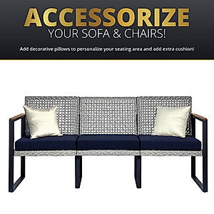 Kinger Home Keaton 4-Piece Outdoor Rattan Furniture Set with Teakwood Accents, Sofa, 2 Armchairs, Glass Coffee Table